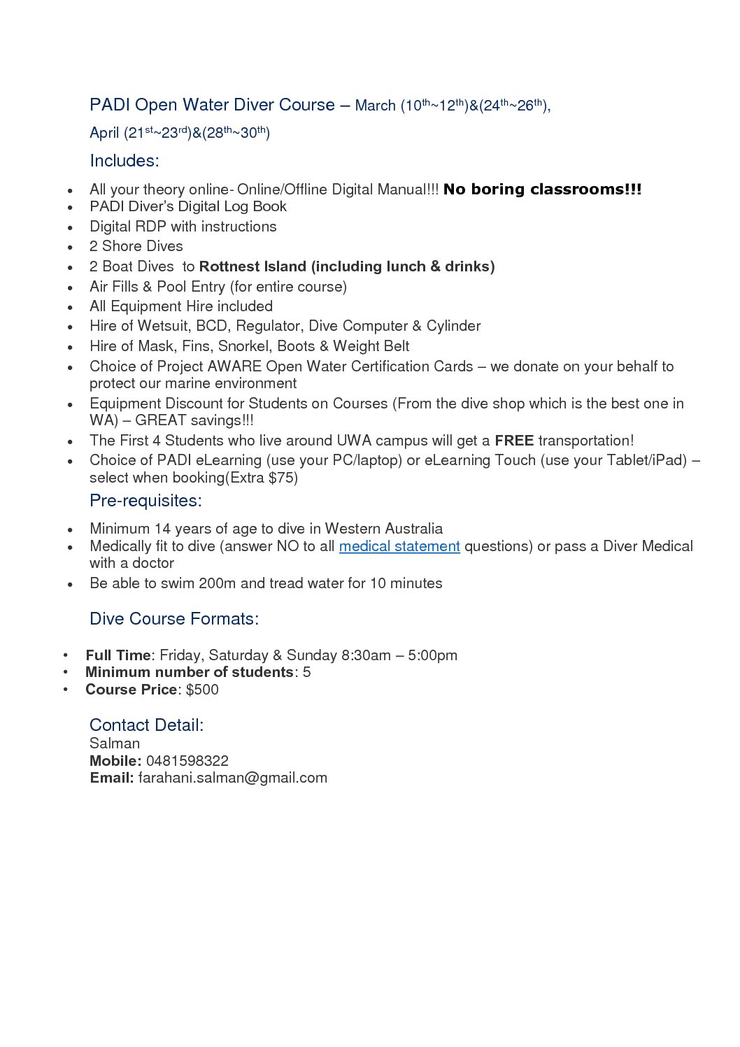 PADI Open Water Diver Course material - UWA Underwater Club